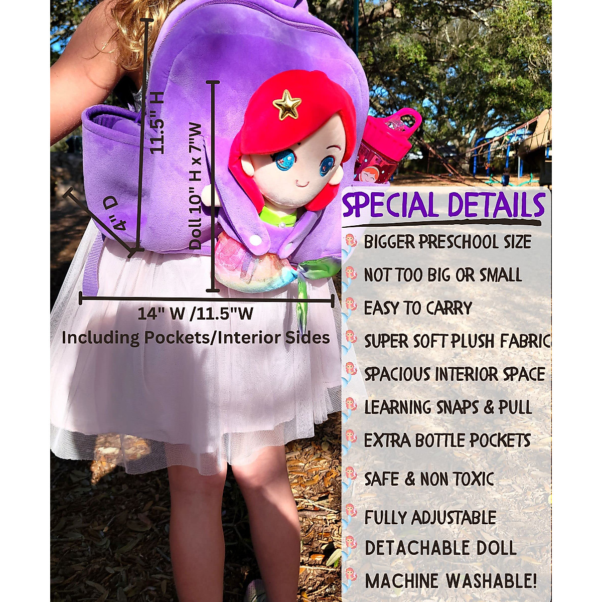 Q&M Novelties Mermaid Backpack, Soft Plush Kids Toddler Backpack w/Plush Mermaid Doll for Girls Baby Soft Play Set (Mermaid Plush - Purple)