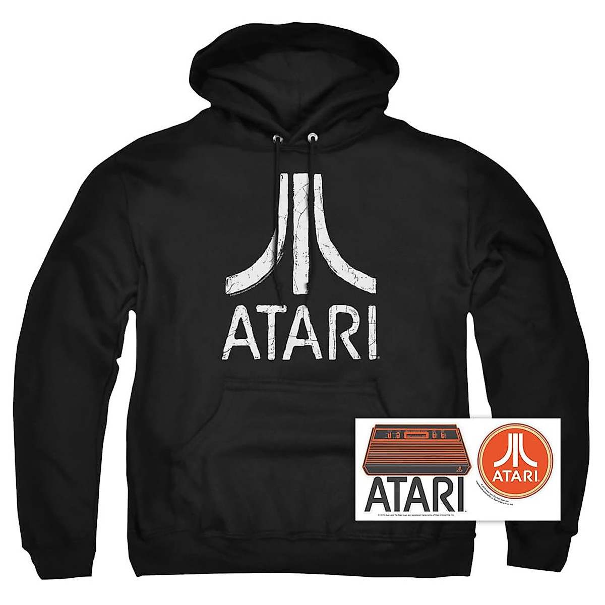 Popfunk Atari Video Game Console Retro Logo Pullover Hoodie Sweatshirt & Stickers, Black (XX-Large)