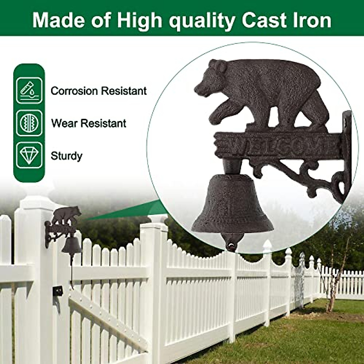 KAVSI Dinner Bell Heavy Duty Cast Iron Wall Hanging Bell, Bear Welcome Sign Decorative Bells, Indoor Antique Style Door Bell, Outdoor Wind Chimes Wall Mounted Bells for Church, School, Home Decor