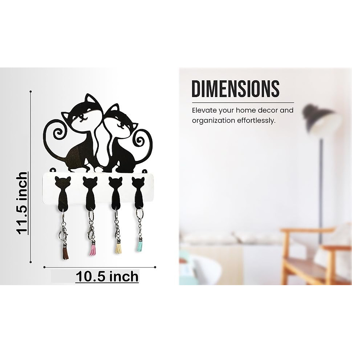 ARCORP Wooden Cat Key Holder for Wall with Four Cute Keychains, Mounting Hardware - Decorative Handcrafted Cat Puzzle Key Organizer and Home Decor - Eco-Friendly Wood Key Hanger