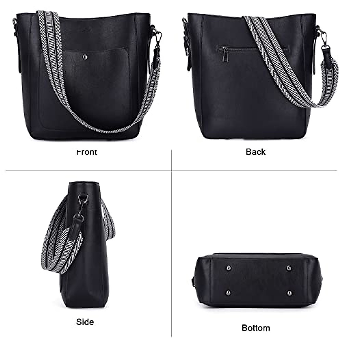 HKCLUF Crossbody Bags for Women Vegan Leather Boho Bucket Bag With 2PCS Replacement Leopard Guitar Strap Crossbody Purse and Handbags(Black)