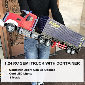 RC Semi Truck with Trailer - 22.5 Inch Semi Truck Toy for Kids, Carrier Van Transport Vehicle with 2 Rechargeable Batteries, 1:24 Container Truck with LED Lights & Music, Great Gift For Boys Girls