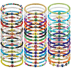 Kigeli 48 Pcs Beaded Evil Eye Bracelet Handmade Religious Protection Bracelet Elastic Lucky Turkish Jewelry Good Luck Nazar Amulet Bangle for Women Men Teens