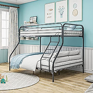 HomJoones Heavy Duty Metal Bunk Bed Twin Over Full Size, Heavy Duty Floor Bunk Beds Frame with Enhanced Upper-Level Guardrail (Black)