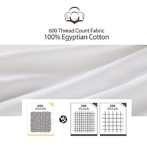100% Egyptian Cotton Fitted Sheet Queen Size White, 600 Thread Count, 8-16" Deep Pocket Sheet, Soft & Elastic Sateen Weave Bottom Sheet for Hotel & Home, (White, 1 Pack Fitted Sheet Only, Queen)