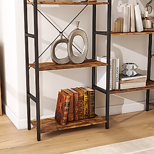 Panana Triple 4 Tier Bookshelf, Industrial Bookcase with 11 Open Display Shelves Wide Book Shelf Book Case with Metal Frame for Living Room Home Office (Brown)