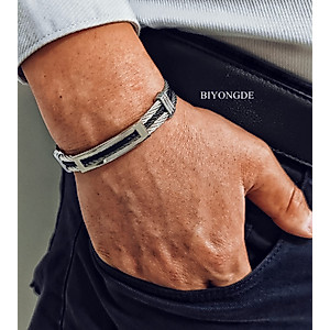 BIYONGDE Silver Black Steel Twisted Cable Cuff Bangle Bracelet ID Identify Charms, Adjustable, Mens Womens