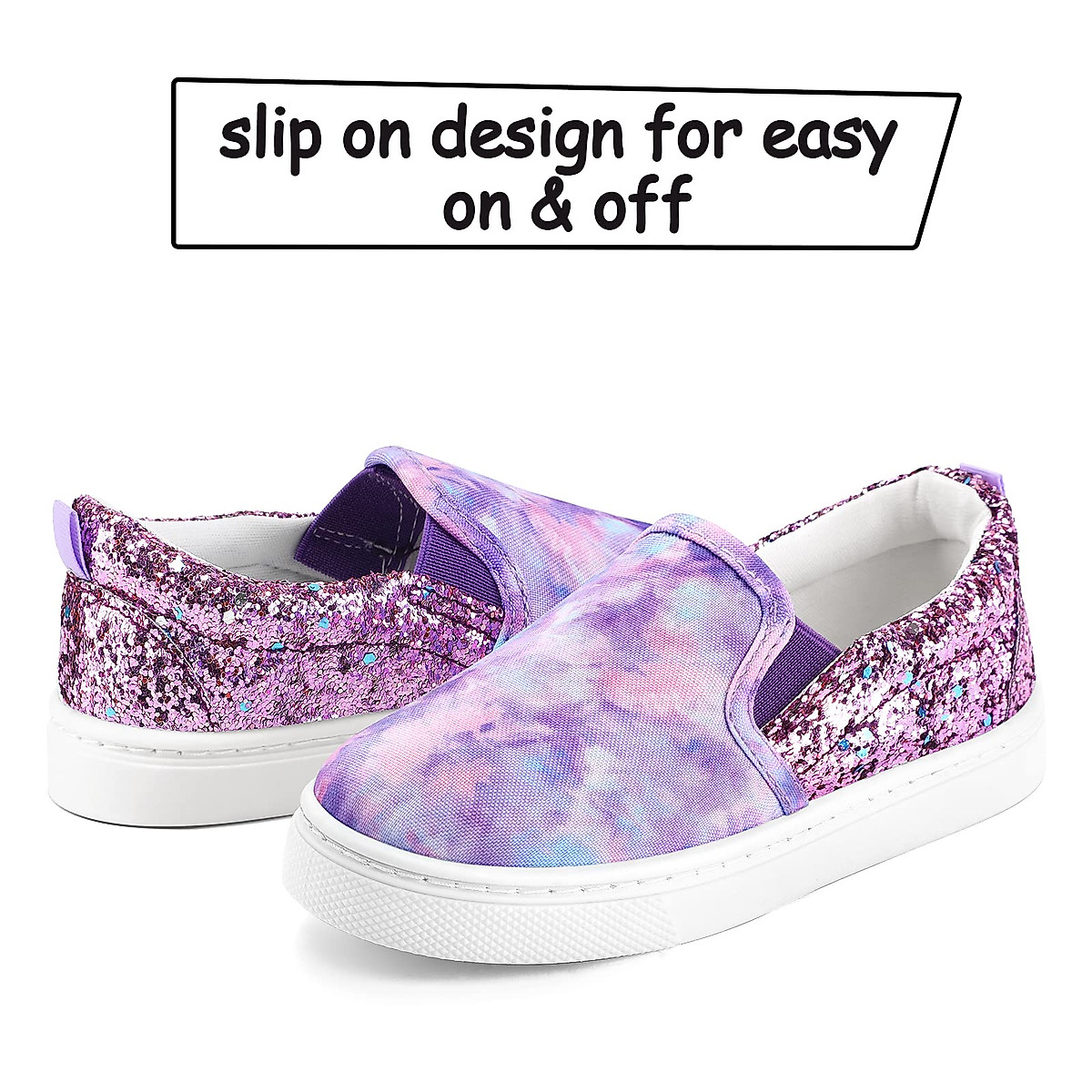 K KomForme Toddler Sneakers for Girls Boys Slip On Canvas Walking Shoes, Size 2 Big Kid, Purple Glitter
