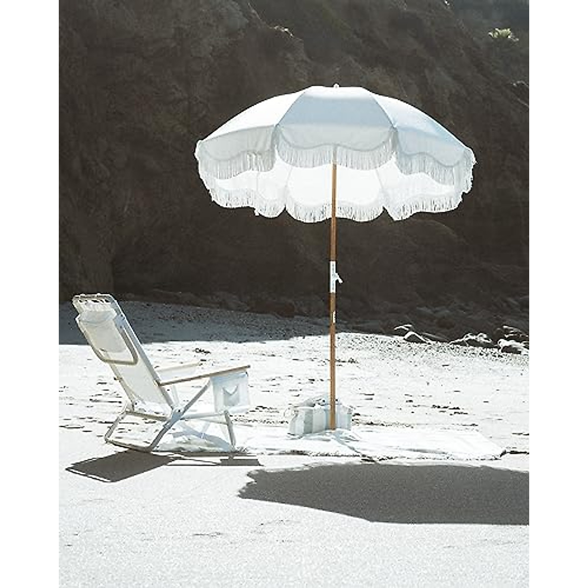 Business & Pleasure Co. Holiday Beach Umbrella ~ White Boho Fringe Umbrella, UPF 50+, 1" Tilting Wood Pole, 5’W x 6.5’H