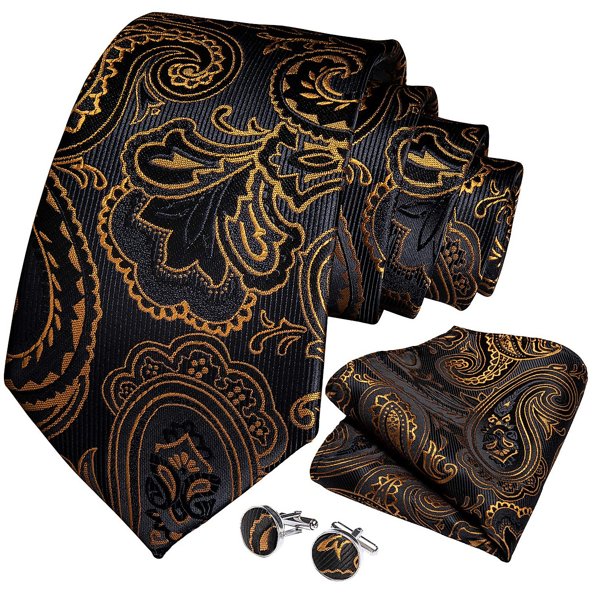 DiBanGu Mens Tie Set Silk Solid Paisley Necktie and Pocket Square Cufflinks Classic Formal Ties for Men Wedding Party, Black and Gold