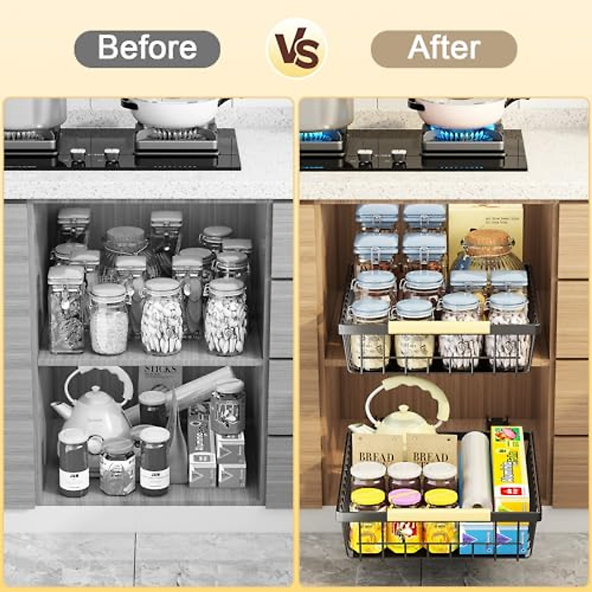 Pull Out Cabinet Organizer, AUFWORLD 2 Pack Heavy Duty Slide Out Drawers Fixed with Adhesive Nano Film, Pull Out Shelves for Kitchen Cabinets, Pantry, Bathroom Organization (Black, 2 Pack)
