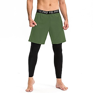 WRAGCFM Men's 2 in 1 Running Pants Shorts Tights, Gym Workout Compression Pants for Men Quick Dry Athletic Legging with Pocket(Green,S)