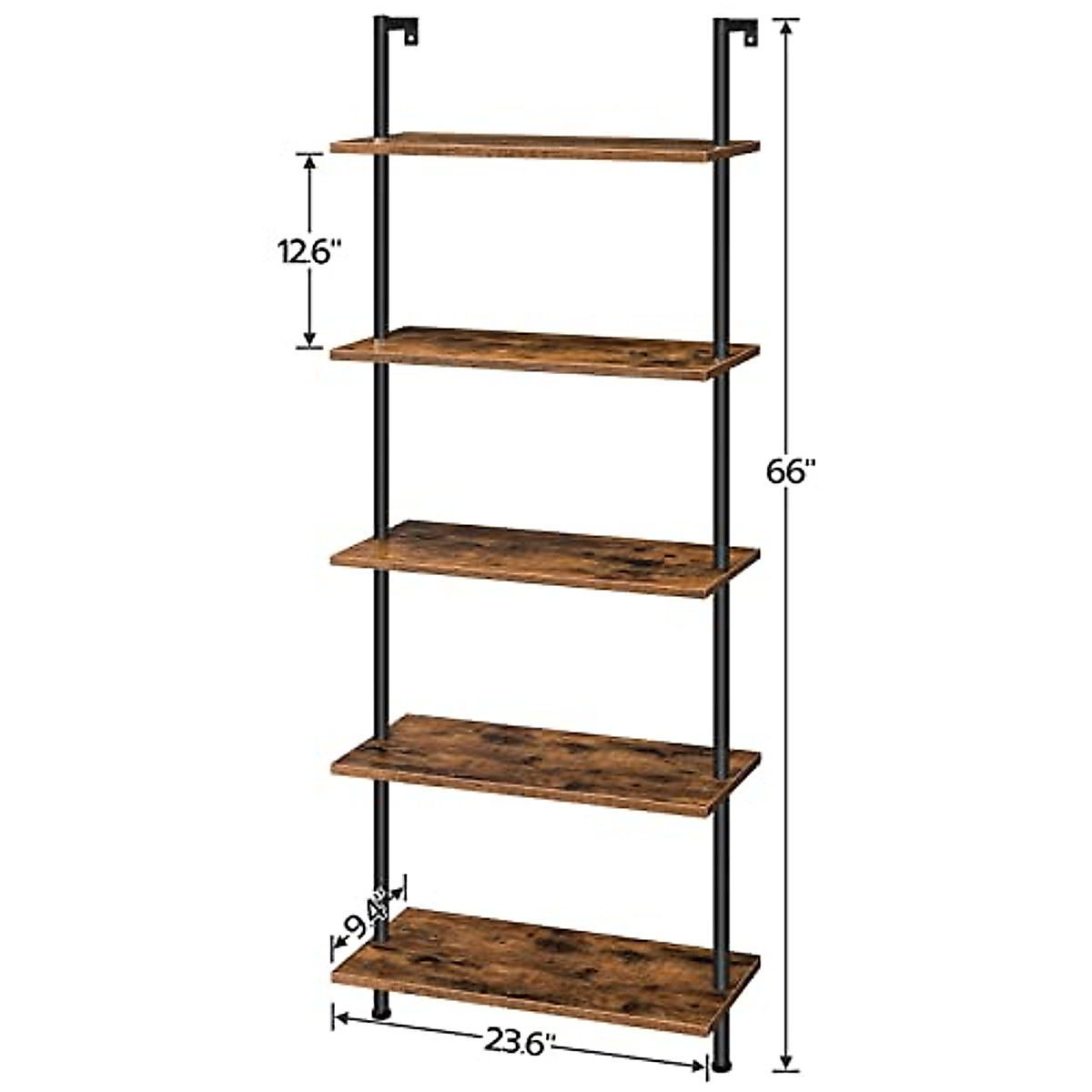 HOOBRO 5-Tier DIY Ladder Shelf and 6-Tier Wall Mounted Bookshelf, Office Vertical Bookcase, Wooden Storage Shelves for Home Office, Bedroom, Rustic Brown BF53CJ01-BF65CJ01