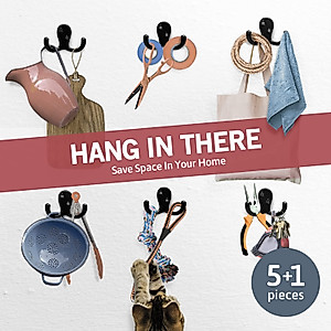 Jack N’ Drill 5 + 1 Pack Double Coat Hooks in Black Finish, Easy to Install, Stronger & More Durable for Heavy Items, Wall Mount Hook for Hanging Towels, Coats, Hats, Heavy Bags, and More
