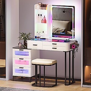 Gurexl RGB Makeup Vanity Desk with Wireless Charging Station,7 Dynamic and 7 Static Dimmable Vanity Table with Visible Glass Top, Dream Make up Vanity with Mirror and Lights, Stool, 6 Drawers