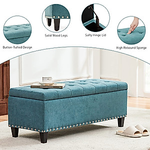 HUIMO Ottoman with Storage, 41-inch Upholstered Fabric Storage Ottoman with Safety Hinge, Storage Bench with Button-Tufted, Ottoman Bench for Bedroom, Entryway, Living Room, End of Bed Bench (Teal)
