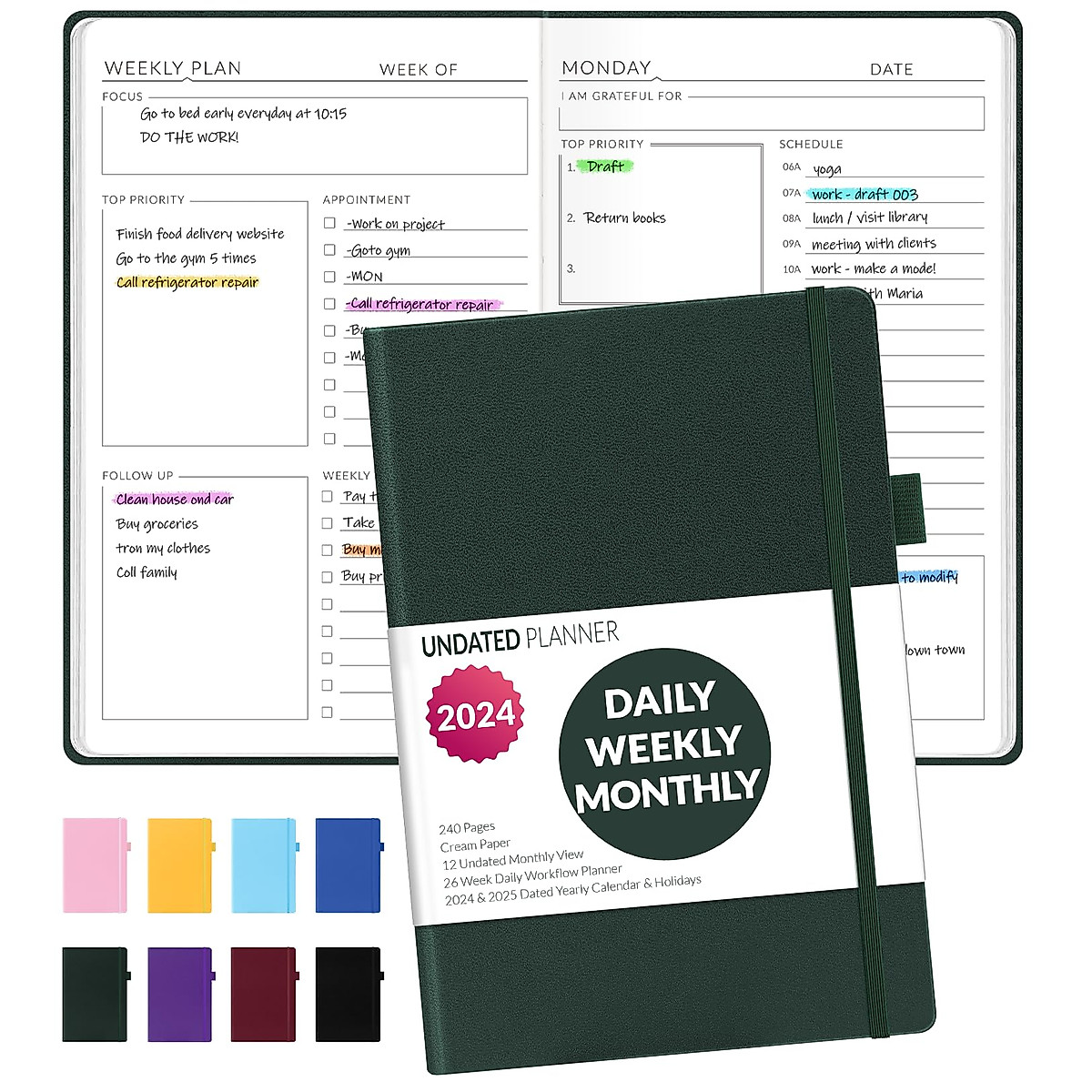 Forvencer 2024 Planner, Daily, Weekly & Monthly Planner 2024-2025 Academic Year, Durable Hardcover Weekly Planner for Work, School, Home, Start Anytime, A5(5.8'' x 8.3''), Dark Green