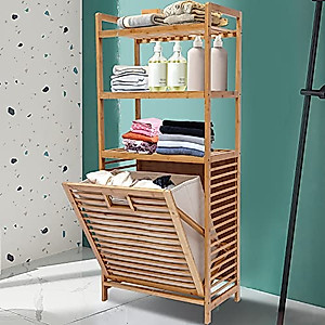 Bamboo Laundry Hamper with Rack,Laundry Basket with 3 Shelves,Laundry Hamper Cabinet Organizer,Wooden Laundry Sorter,Bathroom Storage Shelf Cabinet with Tilt Out Basket Clothes Bag for Laundry Room