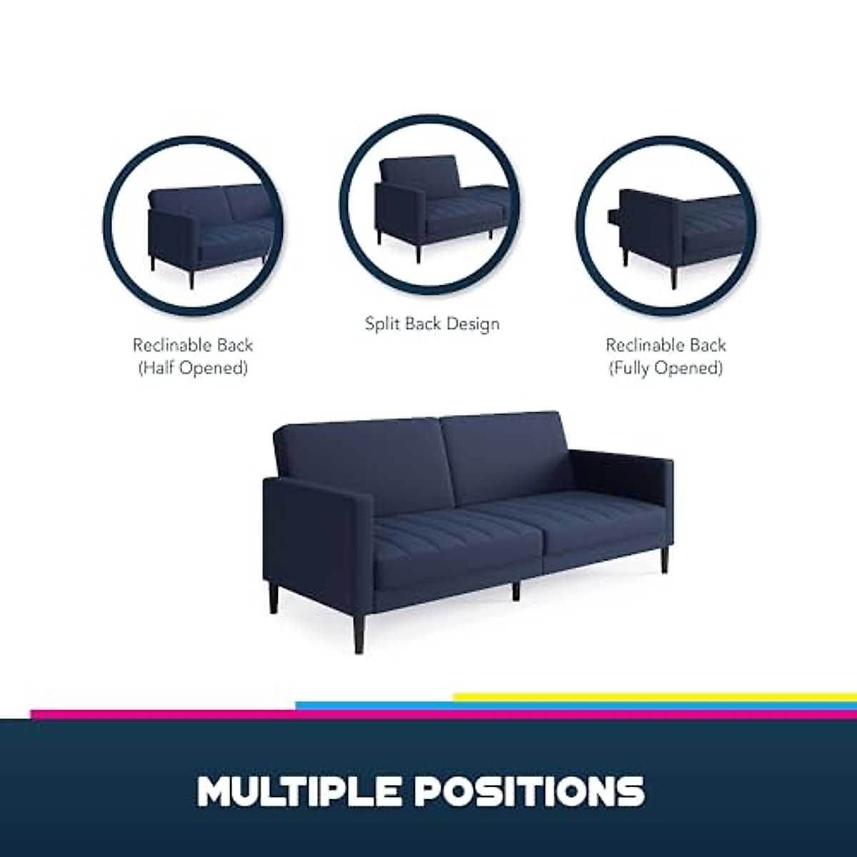 DHP Farnsworth 79 Inch Futon Sofa Bed, Upholstered Couch Sleeper with Tufted Seat, Mid-Century Modern, Navy