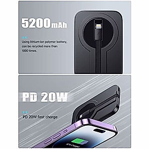 EMNT Small Magnetic Portable Charger for iPhone,5200mAh Mini Power Bank with Built-in Cable/Metal Stand, Battery Pack Compatible with iPhone 14/14 Plus/Pro Max/13/12/11/XS/XR/X/8/7/6/6s/Airpods More 5