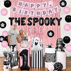 The Spooky One Birthday Decorations Girl, Pink Curtain Backdrop with Pink Black Balloons, The Spooky One Cake Topper White Ghost Black Bat Foil Balloons for Halloween 1st Birthday Party Decorations