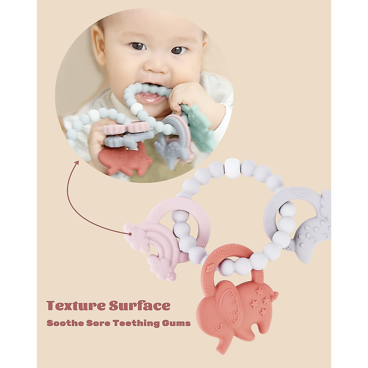 Teething Rings for Babies 0-6 6-12 Months Front and Molar Teething Relief Wearable Teether Bracelet Infant Toddler Chew Toys Ease of Grabbing, Elephant Rainbow Moon Shape, Baby Girl Gifts, BPA Free