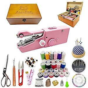 Hand Sewing Machine, Handheld Sewing Machine Mini Portable Cordless, Perfect for Adults, Beginners, Kids DIY, Home and Travel Sewing, Wooden Sewing Box with 153 Sewing Supplies