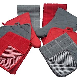 Kitchen Decor - Towel Linen Set (8 Pc) Fresh Red and Gray Color Combination That Pops - Kitchen Towel Potholder Scrubber Dishcloth Oven Mitt Set - Kitchen Decorations