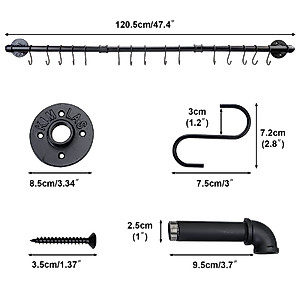 Tysun 47.4 Inch Industrial Pipe Pan Pot Rack Wall Mounted Iron Pipe Kitchen Hanging Rail Kitchen Utensil Cookware Holder Storage Organizer with 15 S Hooks