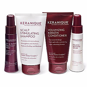 Volumizing Hair Growth System by Keranique includes Keratin Shampoo, Conditioner, Follicle Boosting Hair Growth Serum and Instant Volume Lift and Repair Treatment Spray Paraben Sulfate Free