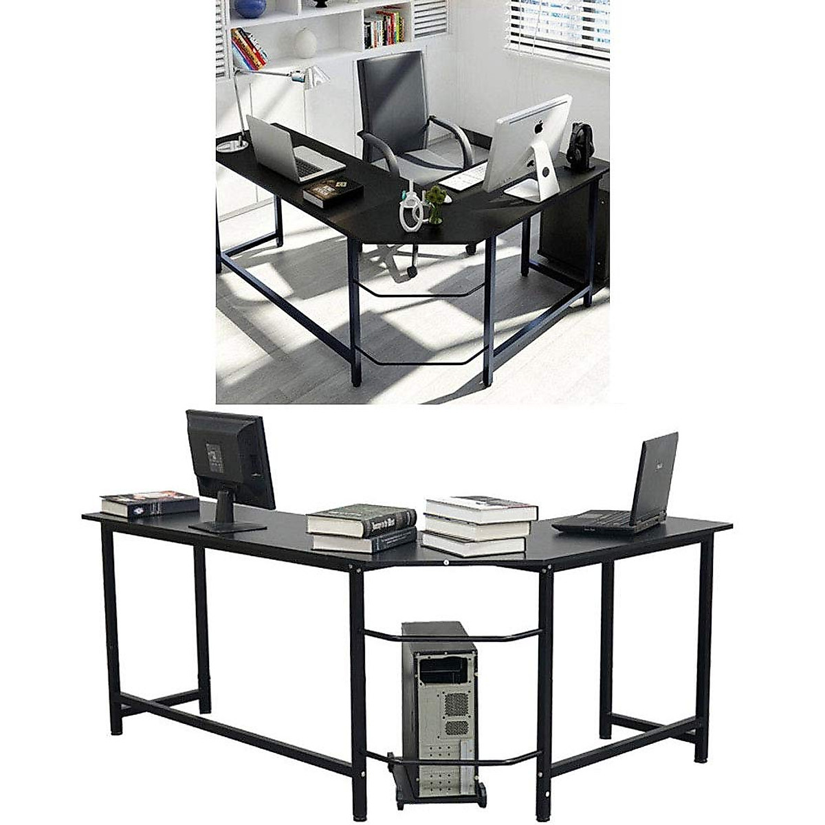 Thaweesuk Shop Black Board & Black Metal Legs L-Shaped Corner Computer Desk Home Office Study Laptop PC Work Table MDF & Iron 66" x 47" x 28" (L x W x H) of Set