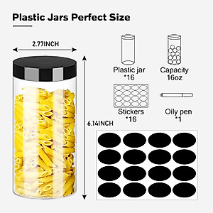 SLifeJars Plastic Jar with Lids 16oz Clear Empty Containers 16Pcs Straight Cylinders Storage Jars with Airtight Black Lid Stackable Refillable Round Plastic Jars for Kitchen Food & Home Storage