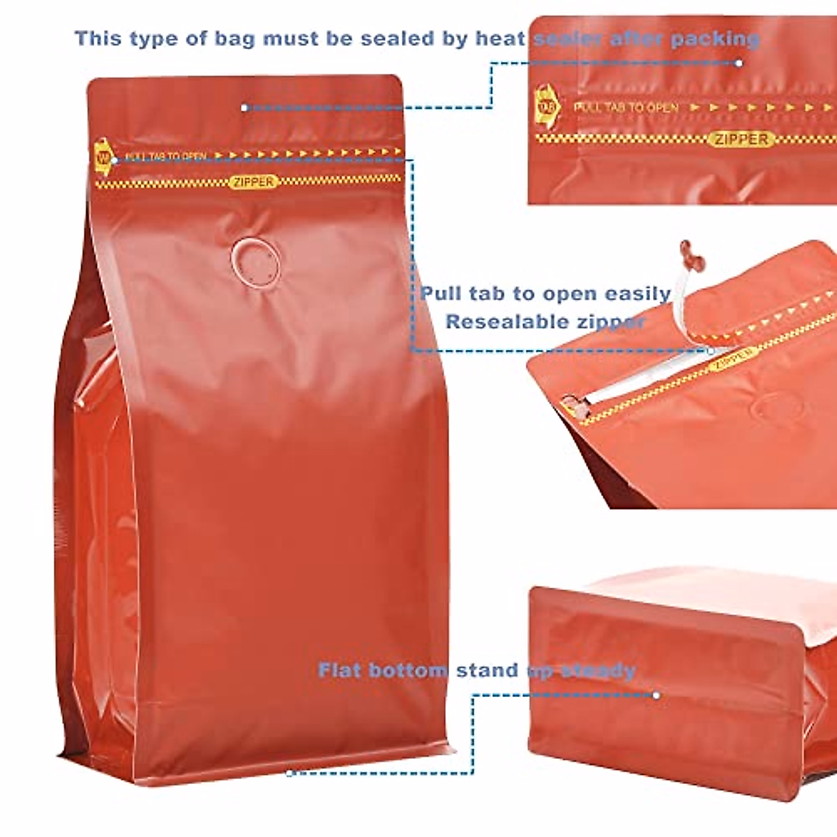 Red Color Coffee Bags with Valve, High Barrier Foil Coffee Package Pouches with Air Release Valve, Flat Bottom & Resealable Pull Tab Zipper, Matt Red (50, 16oz/1lb/500gm)