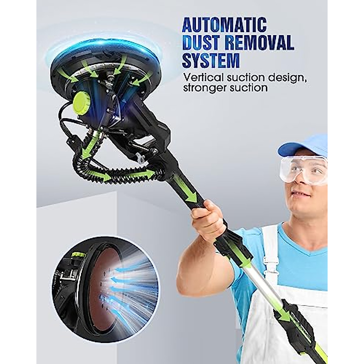 MYTOL Drywall Sander, 7.2A Electric Drywall Sander with Vacuum Dust Collection, LED Light, 6 Variable Speed Digital Display 900-1800RPM, Foldable & Extendable Handle, 9 Sanding Discs&3 Grid Sandpaper