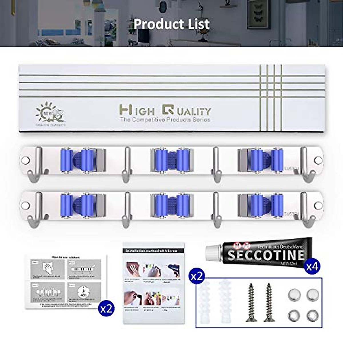 Broom Mop Holder Wall Mount, Broom Hook, 15'' Stainless Steel Heavy Duty Mop Broom Hanger-Mop hook With 3 Racks and 4 Hooks for Broom Storage Organizer-Broom Mop Organizer Wall Mount (2Packs)