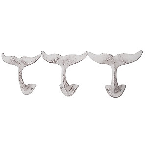 Distressed White Whale Tail Cast Iron Wall Hooks, Wall Mounted for Hanging Coats, Purses, Towels, Hats, Beach Themed Wall Décor, Set of 3, 4.75 Inches High
