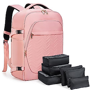 Lekebobor Travel Backpack for Women Men Carry on Backpack Flight Approved 17 Inch Luggage Daypack 40L Business College Weekender Overnight Laptop Backpack with 6 Packing Cubes,Pink