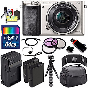 Sony Alpha a6000 Mirrorless Digital Camera with 16-50mm Lens (Silver) + Battery + Charger + 64GB Bundle 6 - International Version (No Warranty)