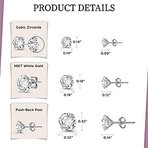 Jewelili 10k White Gold with 4mm, 5mm and 6mm White Round Cubic Zirconia Stud Earrings, 3 Pairs