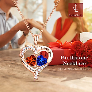 18K Rose Gold Heart Necklace, Birthstone Necklace Jewelry for Women with 2 Birthstones, Customized Gifts for Women Mom Wife Grandma Sister Friend, I Love You Always and Forever, Gold, Cubic Zirconia