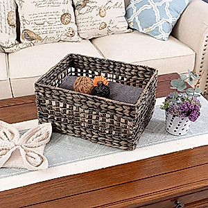 Villacera Rectangle Hand Weaved Wicker Baskets made of Water Hyacinth | Nesting Black Seagrass Bins | Set of 2