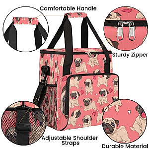Cartoon Pugs Dogs Coffee Maker Carring Bag Pink Background Travel Carrying Tote Bag Compatible with Keurig K-Mini or K-Mini Plus Portable Single Serve Coffee Brewer Case with Pockets for K-cup Pods