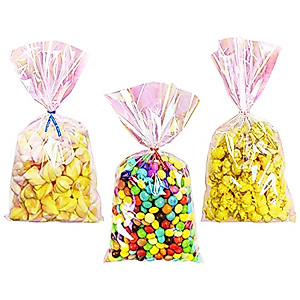 Yotelab Easter Cellophane Treat Bags, 6x12 Inches Iridescent Holographic Cellophane Goodie Bags, Party Favors Bags with Twist Ties,100Pieces