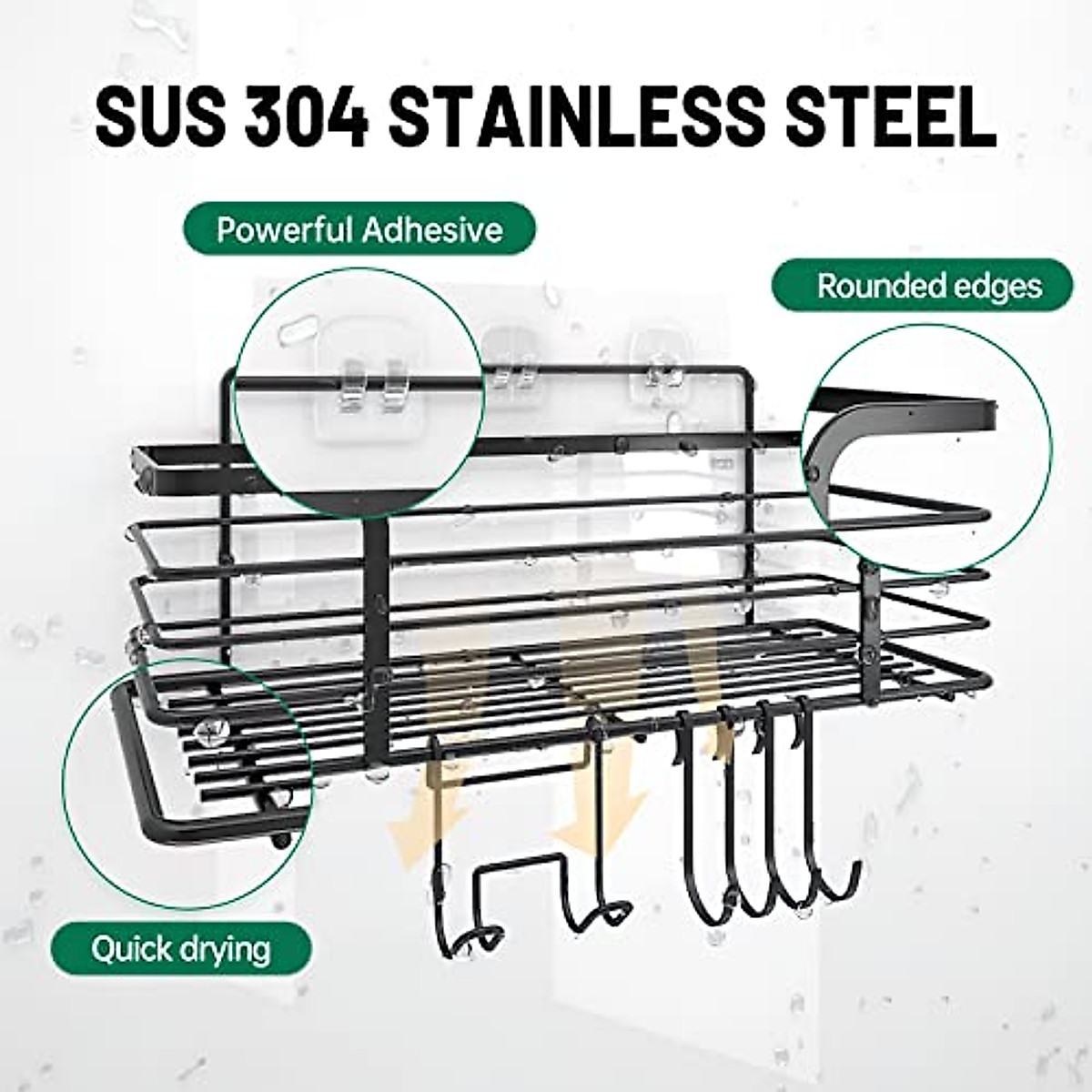 Shower Caddy Basket Shower Racks for Inside Shower Shelf with Soap Dishes and 5 Hooks, 304 Stainless Steel No Drilling Traceless Adhesive Bathroom Storage Organizer, 2 Pack, Black