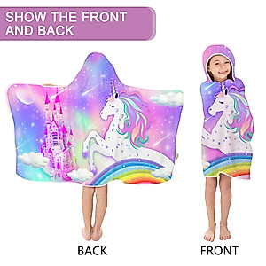 Bonsai Tree Unicorn Hooded Beach Towel for Kids, Cute Rainbow Bath Towel with Hood for Girls, Pink Magic Castle Microfiber Super Absorbent Soft Poncho Bathrobe for Swin Pool 30”x50”