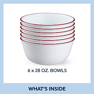 Corelle,Glass 28oz Red Band Bowl 6pk & Cereal Bowl Set for 6 | 18 Ounce Reusable Soup Bowls in Winter Frost White, Dishwasher and Microwave Safe