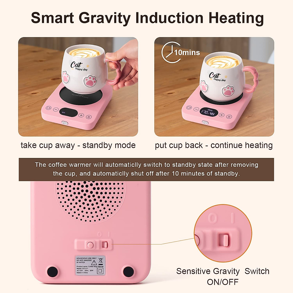 Coffee Mug Warmer & Cute Cat Mug Set, Electric Coffee Warmer for Desk with 9 Temp Setting (Up to 180℉/ 80℃), 1-9 Timer Smart Cup Warmer Plate for Beverage Milk Tea, Gravity Induction Auto ON/Off