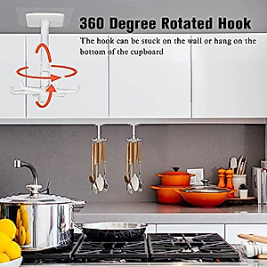6 Pack Heavy Duty Under Cabinet Utensil Holder Hanger Hook, 360 Degrees Rotating Folding Hook Self Adhesive Hook Utensil Rack with 6 Hooks for Bathroom, Kitchen and Home （White）
