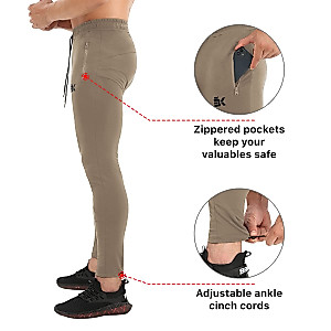 BROKIG Mens Workout Joggers Ankle Cords Gym Running Pants Athletic Sweatpants for Men with Zipper Pockets(X-Large, Beige)
