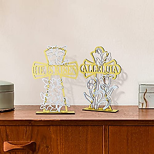 2 Pcs Easter Decorations Jesus Cross Sign Table Centerpieces Gold He Is Risen Cross Wood Tabletop 11in Alleluia Flower Christians Table Set Decor for Easter Tabletop Home Indoor Outdoor Spring Decor